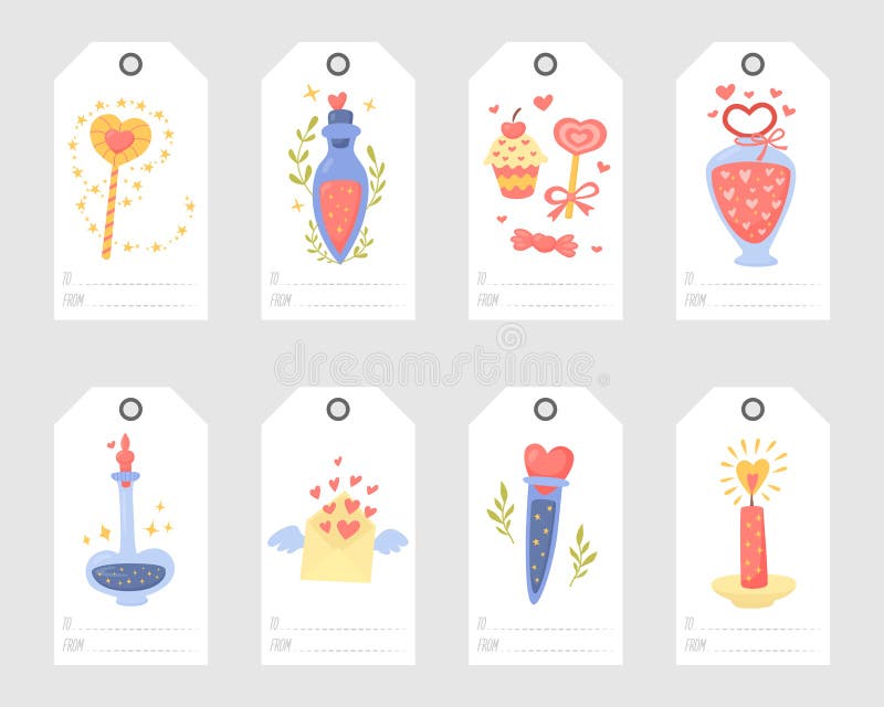 Set of Cute Gift Tags with Love Potion, Magic Wand, Sweets and Other ...