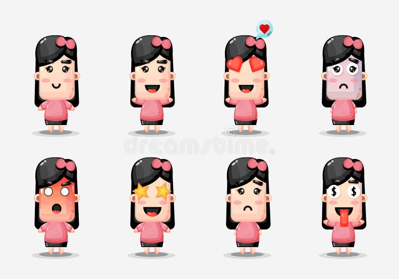 Set of Cute Girl Characters with Expressions Stock Vector ...
