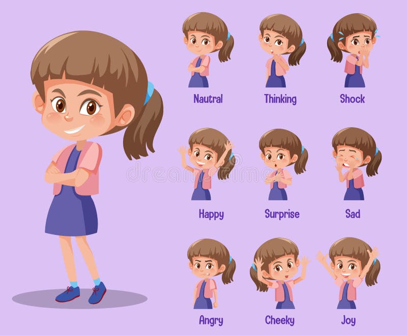 Set of Cute Girl with Different Expressions on Her Face Stock Vector ...