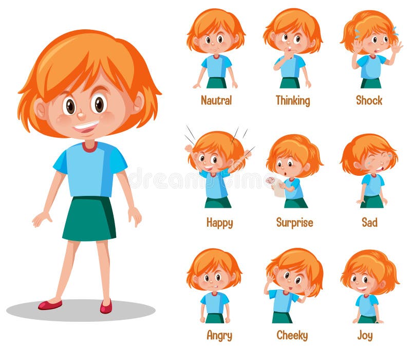 Set of Cute Girl with Different Expressions on Her Face Stock Vector ...