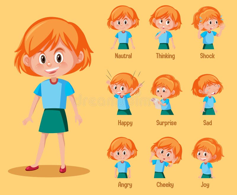 Set of Cute Girl with Different Expressions on Her Face Stock Vector ...