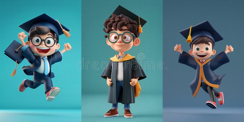 Set of Cute Graduate Student. 3D Cartoon Animation Style Stock Photo ...
