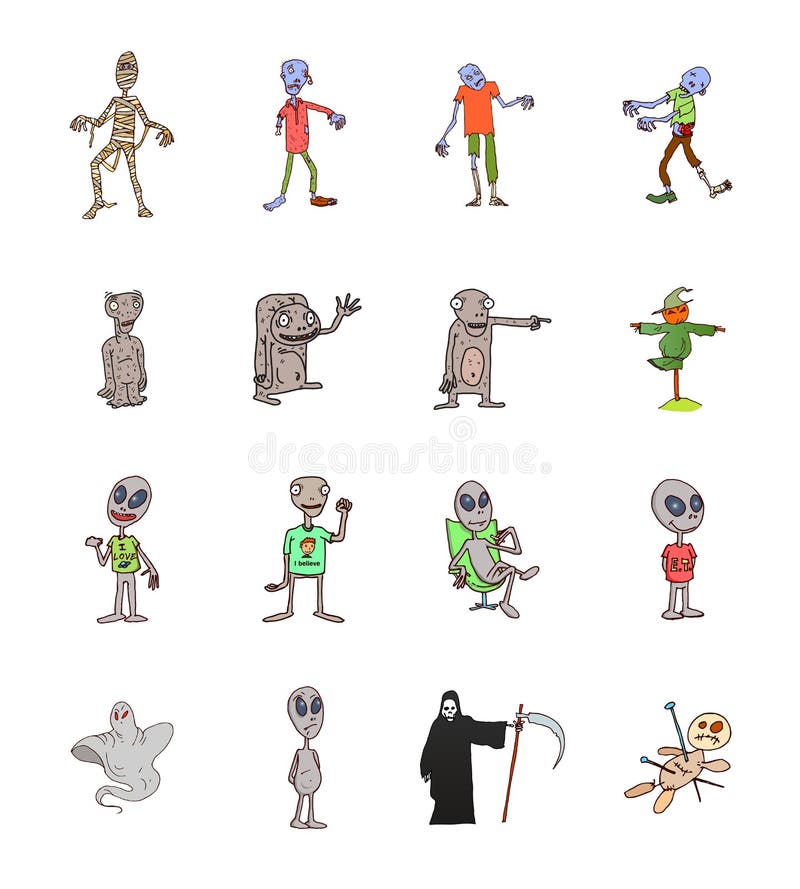 Set of Cute Grey Alien Creatures Stock Vector - Illustration of gray ...