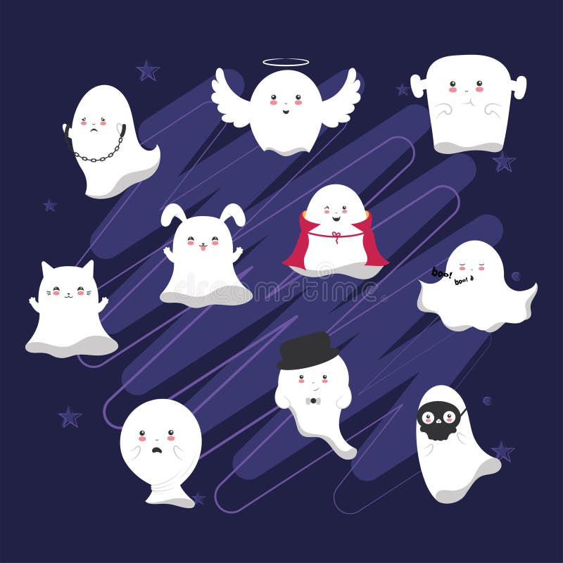 Set of Cute Halloween Ghost Characters Vector Stock Vector ...
