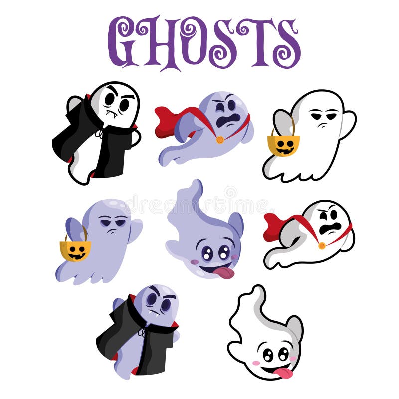 Set of Cute Halloween Ghost Characters Vector Stock Vector ...