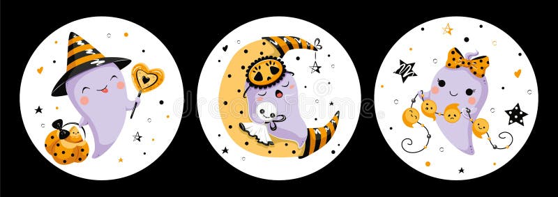 Set of Cute Halloween Ghosts Cartoon Vector Illustration Stock Vector ...