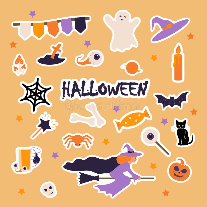 Halloween Stickers Orange Background Stock Vector - Illustration of ...