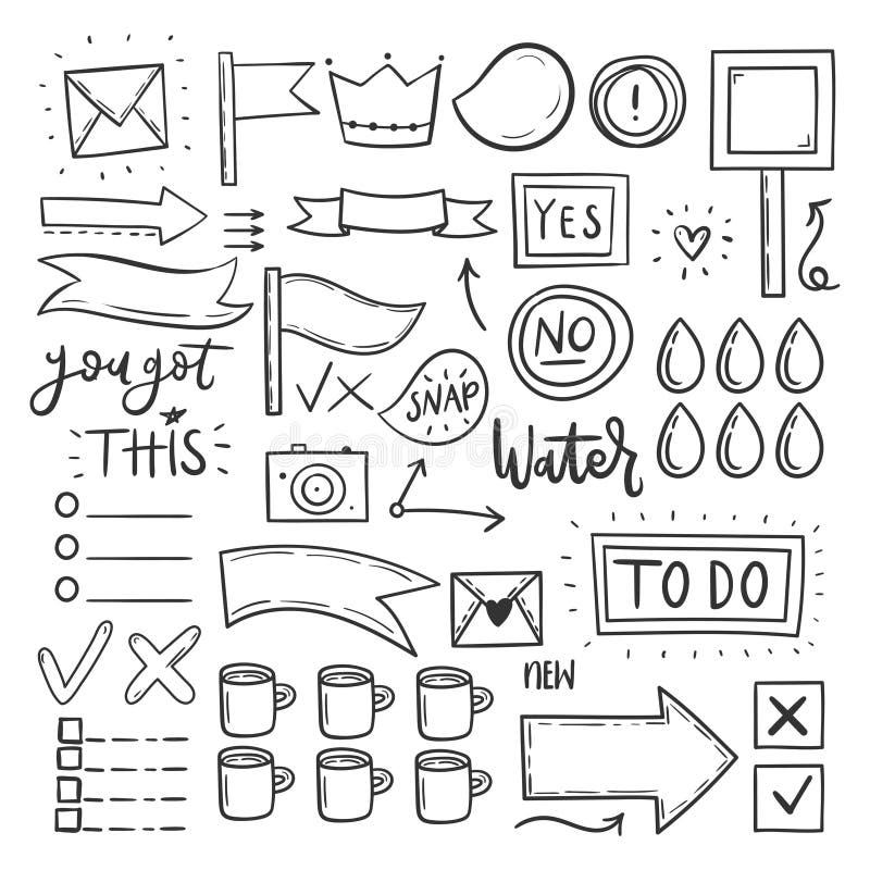 Set of Cute Hand Drawn Diary Stickers. Stock Vector - Illustration of ...