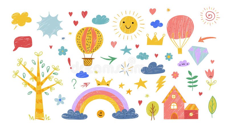 Set of Cute Hand Drawn Elements for Children S Creativity. Kids Doodles ...
