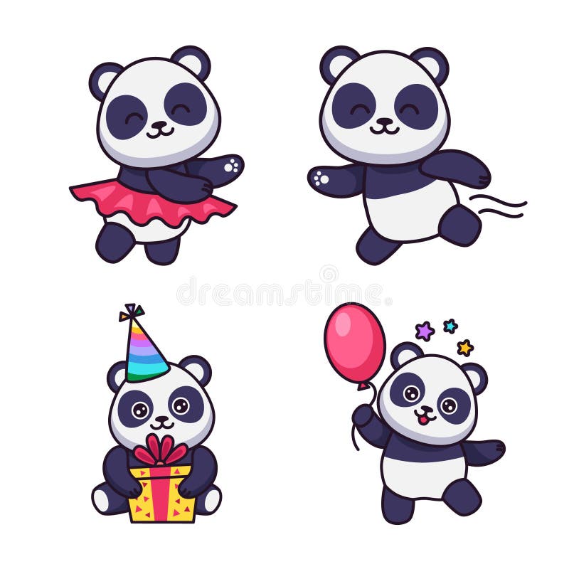 Set of Cute Hand-drawn Pandas Dancing, Running, Holding Gift Box ...