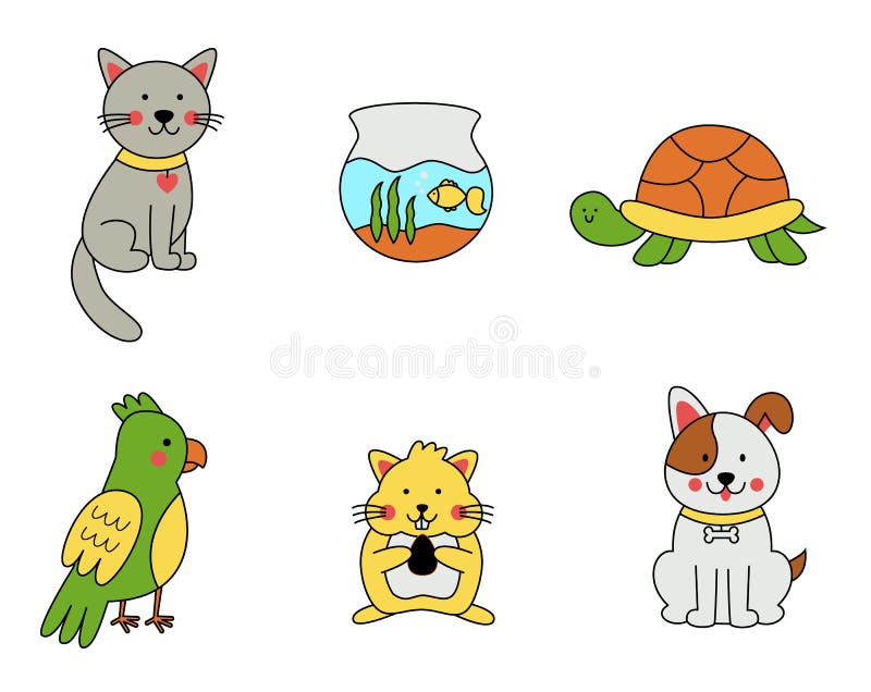 Set of Cute Hand Drawn Pets in Cartoon Style. Stock Vector ...