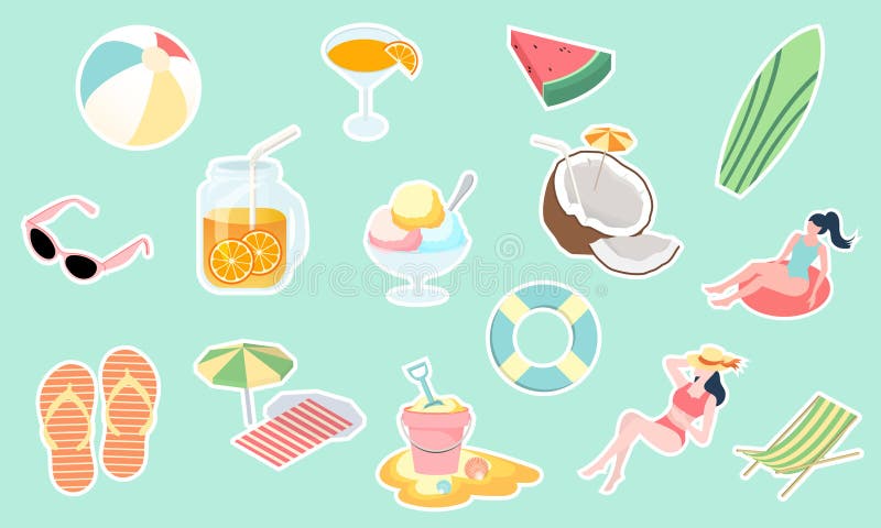 Set of Cute Illustration Vector Sticker Pack for Vacation. Stock Vector ...