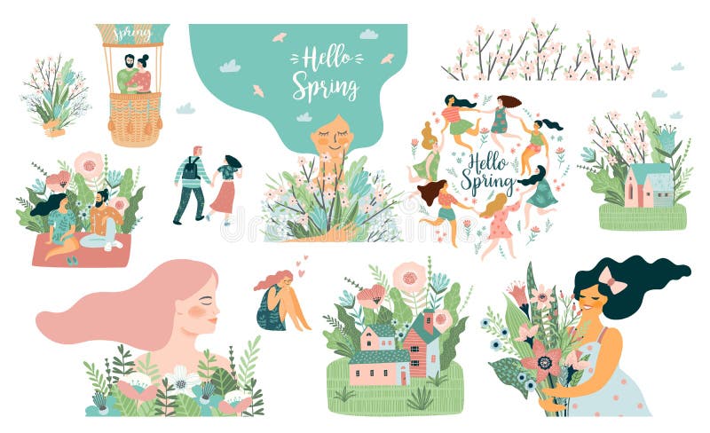 Set of Cute Illustrations with People and Spring Nature. Spring, Bloom ...