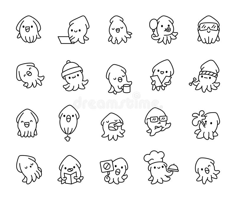 Set of Cute Kawaii Squid Cartoon Character Stock Vector - Illustration ...