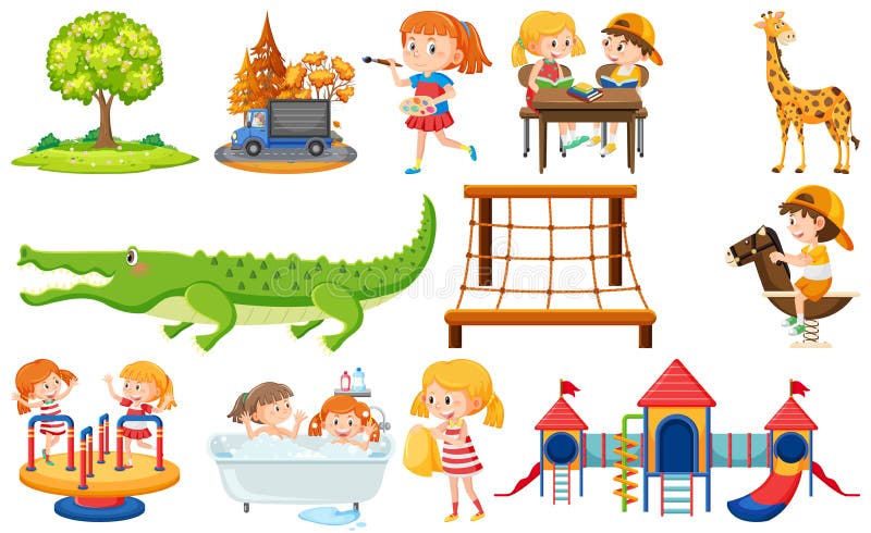 Set of Cute Kids and Objects Stock Vector - Illustration of adorable ...