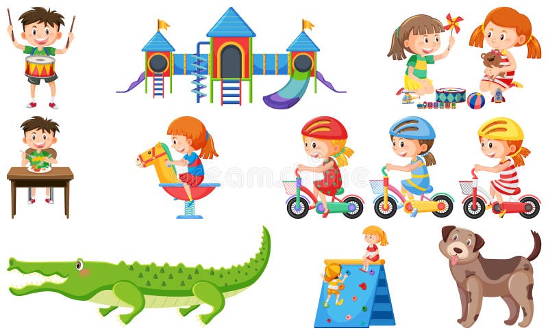 Set of Cute Kids and Objects Stock Vector - Illustration of action ...