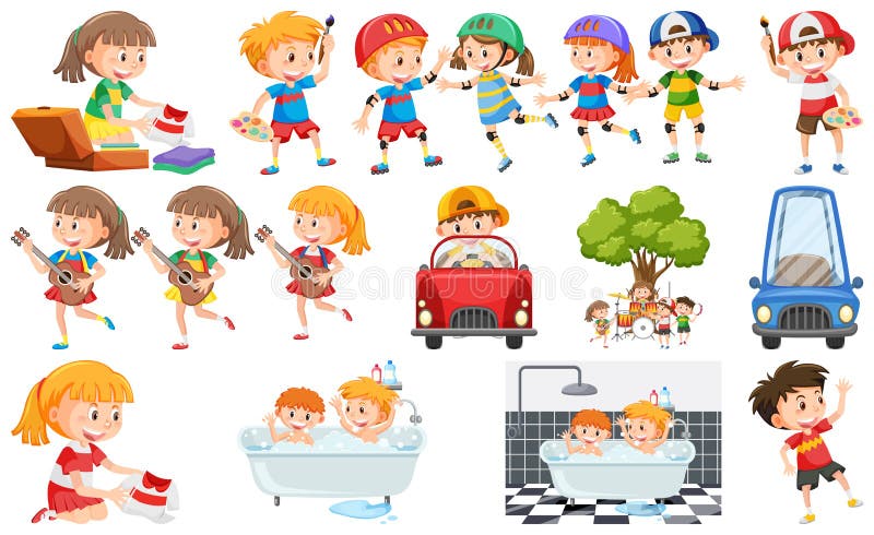 Set of Cute Kids and Objects Stock Vector - Illustration of beautiful ...
