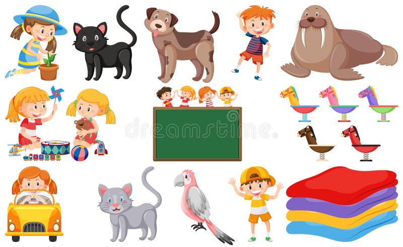 Set of Cute Kids and Objects Stock Vector - Illustration of learn ...