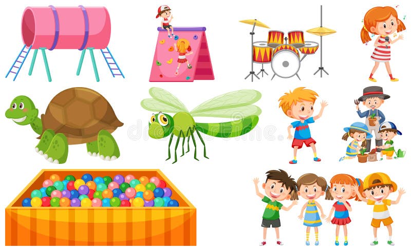Set of Cute Kids and Objects Stock Vector - Illustration of children ...