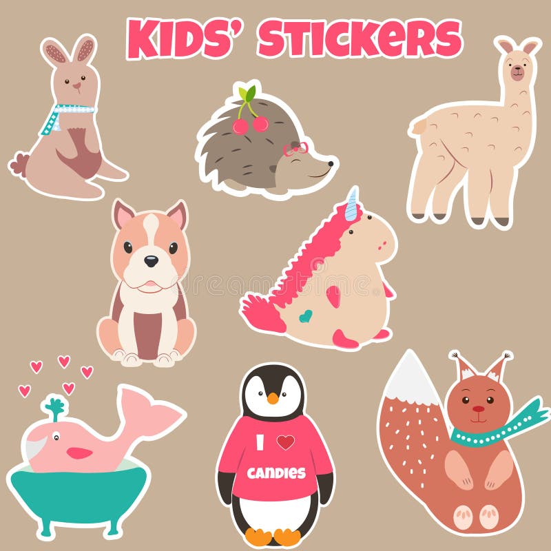 Set of Cute Kids Stickers with Different Animals. Stock Vector ...