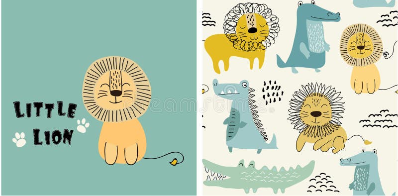 Set of Cute Lion Print and Seamless Pattern with Lions. Vector Stock ...