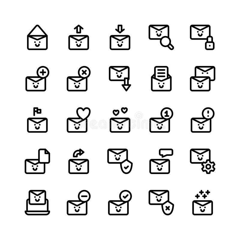 Set of Cute Mail, E-mail, Internet Mailbox Character Cute Outline Style ...