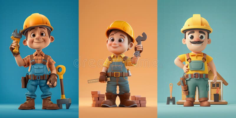 Set of Cute Male Home Builder. 3D Cartoon Animation Style Stock ...