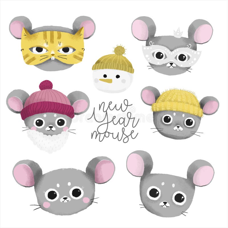 Set of Cute Mouse Faces, Symbol of New Year 2020, Vector Stock Vector ...