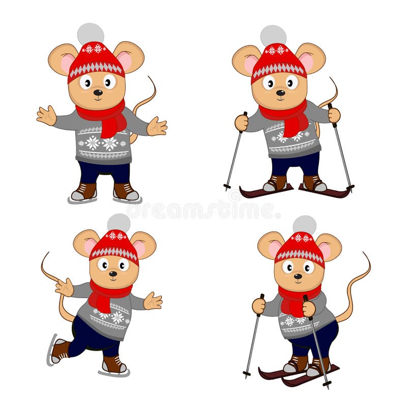 A Set of Cute Mouse Skiing and Skating in Different Poses Stock Vector ...