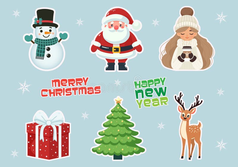 Set of Cute New Year Stickers Vector Illustration Stock Vector ...