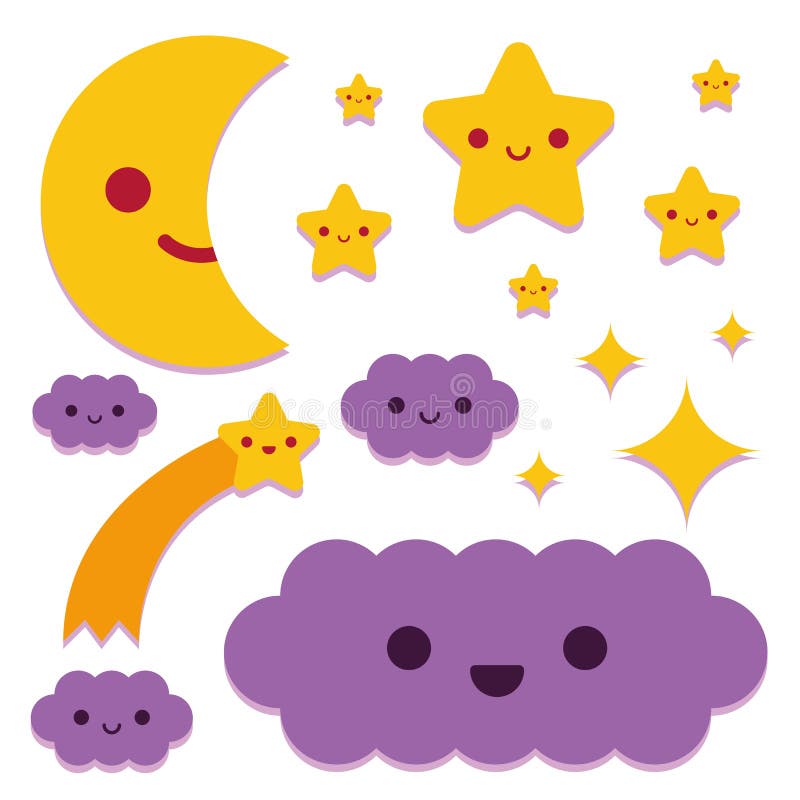 Set of Cute Night Icons Isolated on White Background Stock Illustration ...