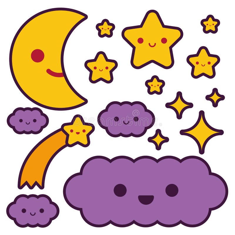 Set of Cute Night Icons Isolated on White Background Stock Illustration ...