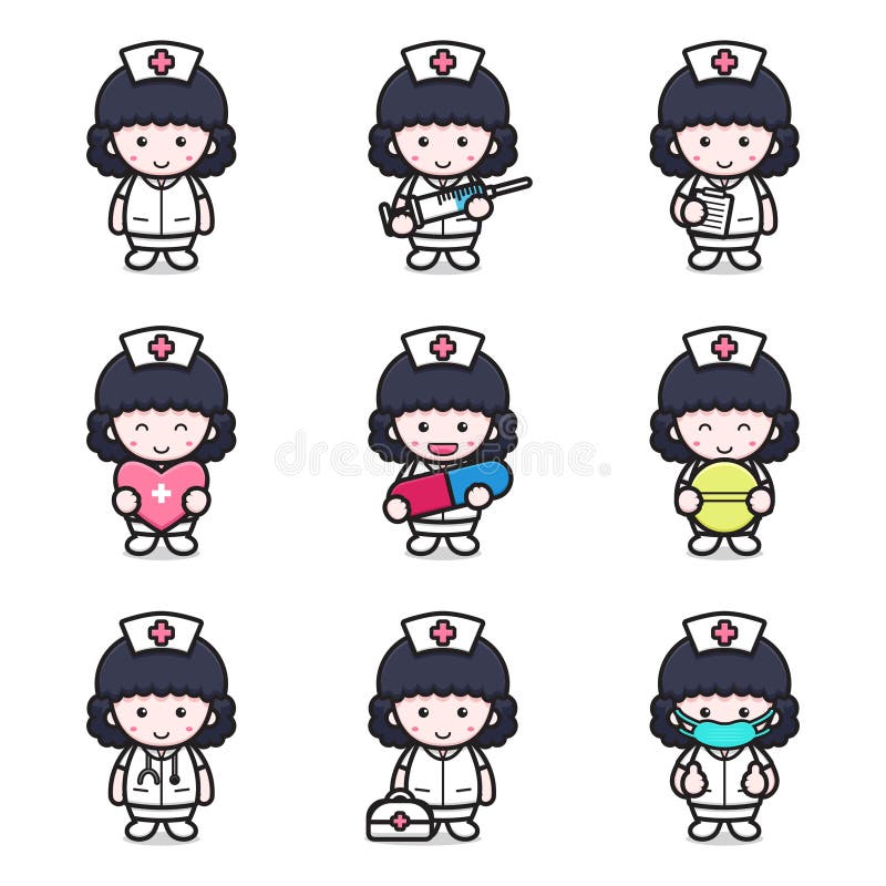 Set of Cute Nurse Character with Different Attributes Cartoon ...