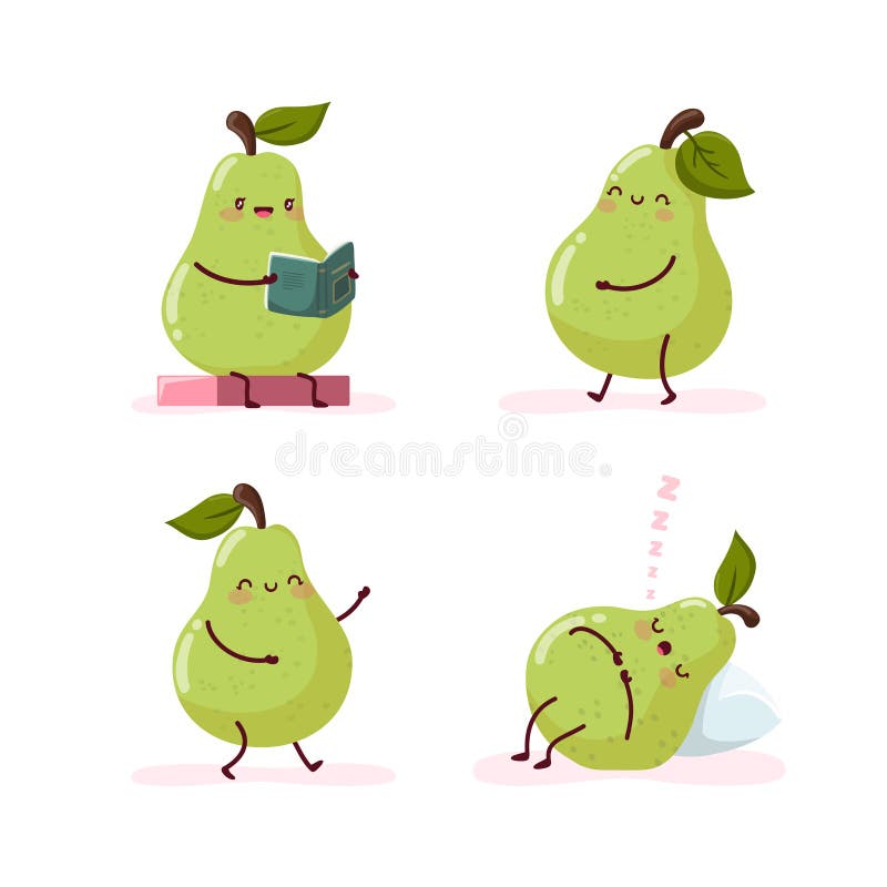 Set of Cute Pears that Read, Walk, Dance and Sleep Stock Vector ...