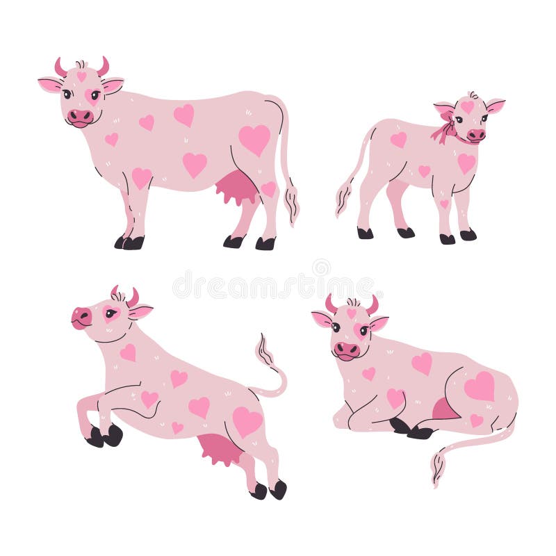 Set of Cute Pink Cows with Heart-shaped Spots. Vector Graphics Stock ...