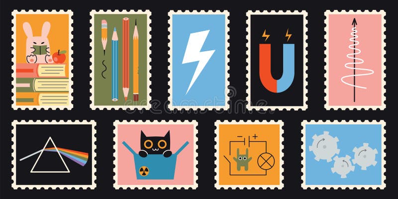 Set of Cute Postage Stamp Stickers, Education and Study Concept ...