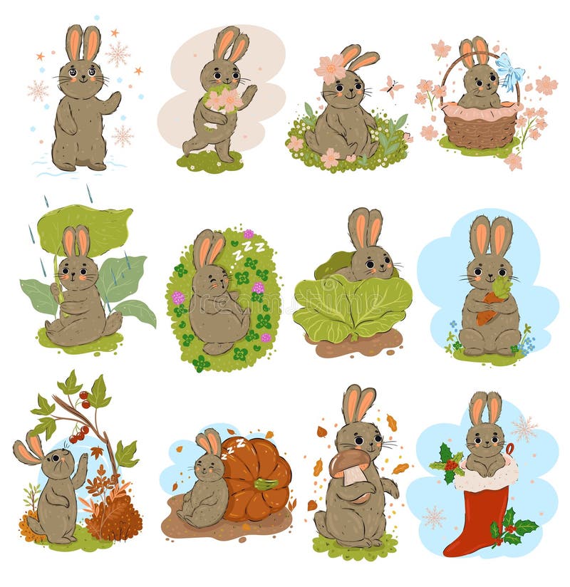 Set of Cute Rabbits with Vegetables and Flowers. Vector Graphics Stock ...