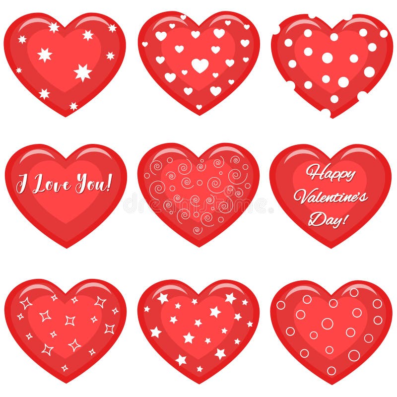 Set of Cute Red Hearts with Text and Different Patterns. Stock Vector ...