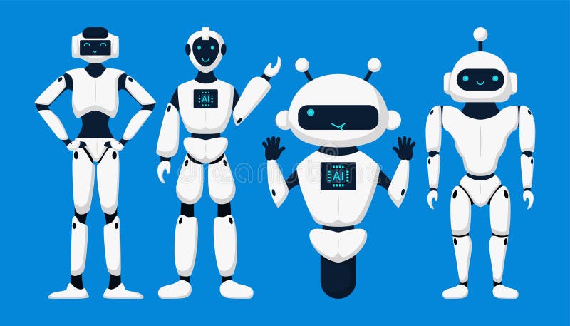 Set of Cute Robots, Chatbots, AI Bots Characters Design Vector. AI Technology and Cyber ...