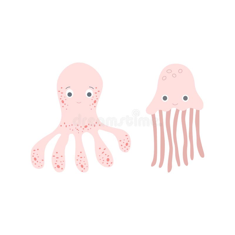 A Set of Cute Sea Animals Jellyfish and Octopus. Vector Illustration ...