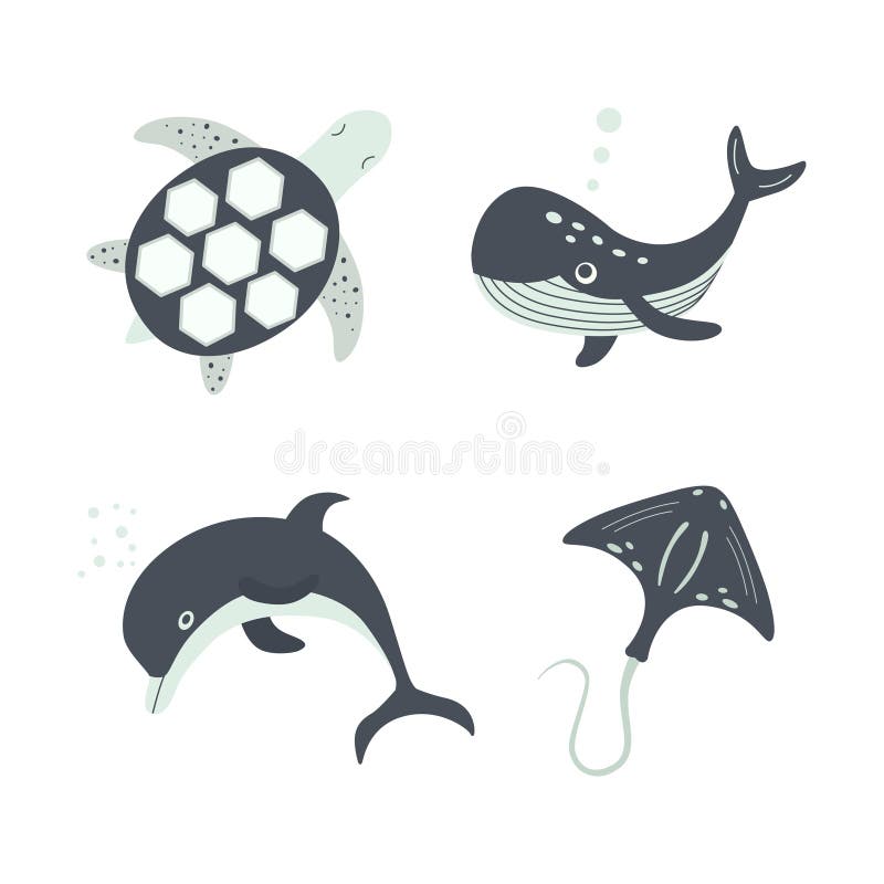 A Set of Cute Sea Animals of Whale, Dolphin and Stingray and Turtle ...