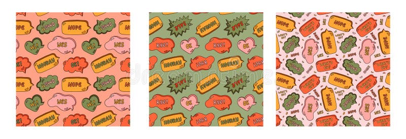 Set of Cute Seamless Pattern with Speech Bubble with Short Messages ...