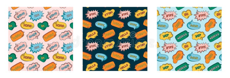 Set of Cute Seamless Pattern with Speech Bubble with Short Messages ...