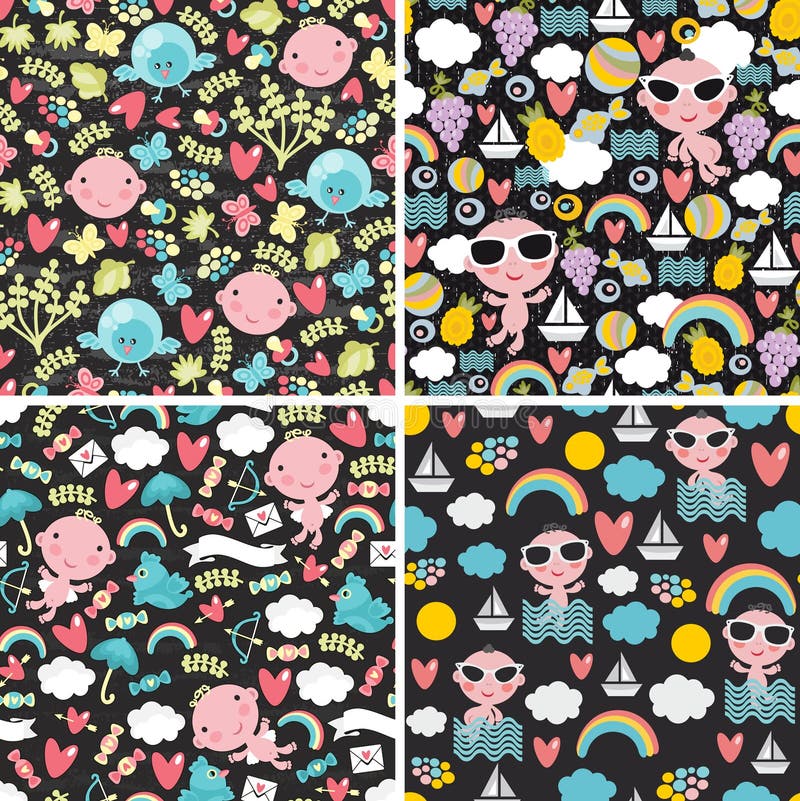 Set of Cute Seamless Patterns with Happy Babies. Stock Vector ...