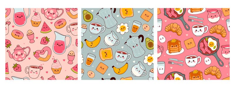 Set of Cute Seamless Patterns with Kawaii Food for Breakfast. Vector Graphics Stock Vector ...
