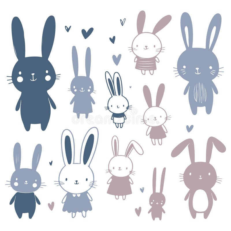 Set of Cute Silhouettes of Rabbits with Flowers and Hearts for Easter ...
