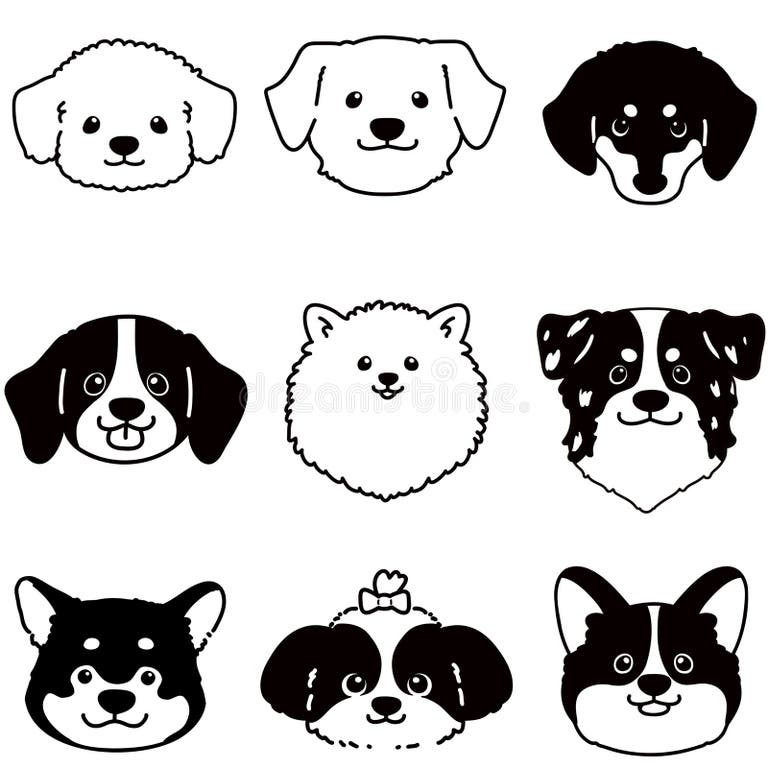 Set of Cute and Simple Dog Head Illustrations with only Outlines Stock ...
