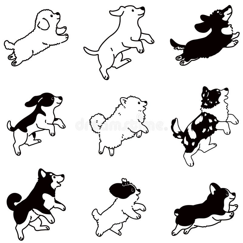 Set of Cute and Simple Dogs Jumping and Playing with only Outlines ...