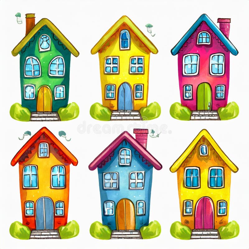 Set of Cute Small Cartoon Houses Stock Illustration - Illustration of ...