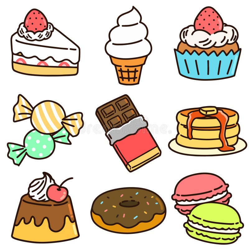 Set of Cute Snacks and Sweets with Outlines Stock Vector - Illustration ...
